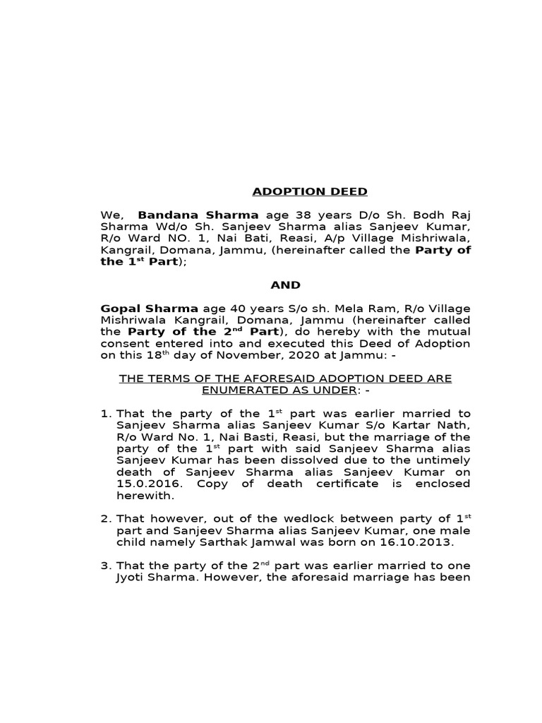 Adoption Deed Gopal Sharma | PDF | Civil Law (Common Law)