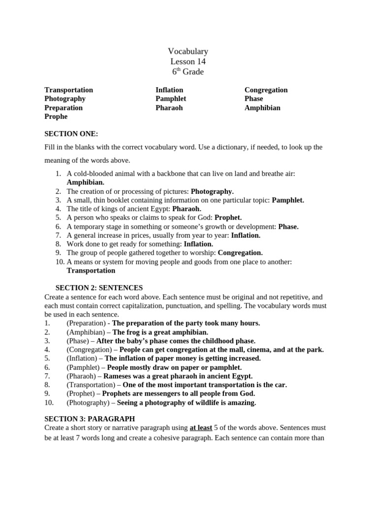 Y2b6p Lesson14-6thGradeVocabularyWorksheet | PDF
