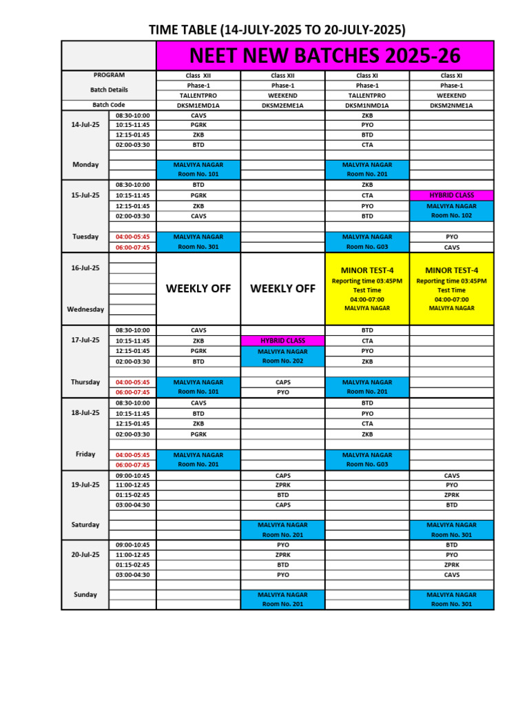 Class XII Weekly Time Table: July 2025 | PDF