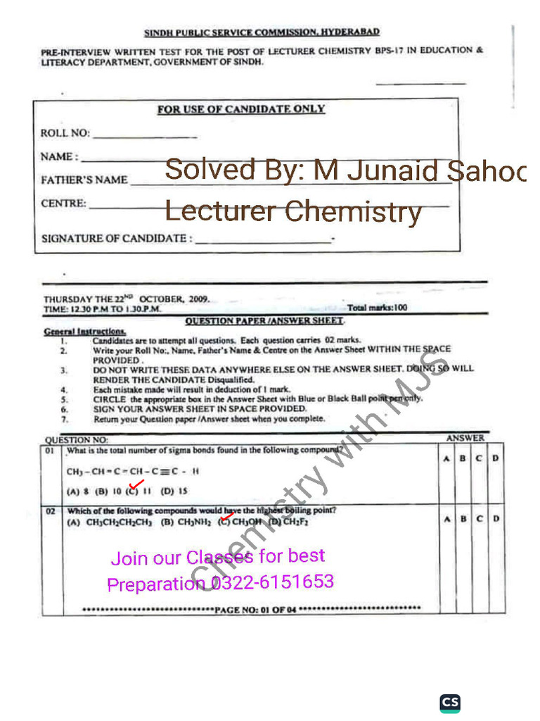 SPSC Lecturer Chemistry Solved Paper 22nd Oct 2009 by MJS | PDF