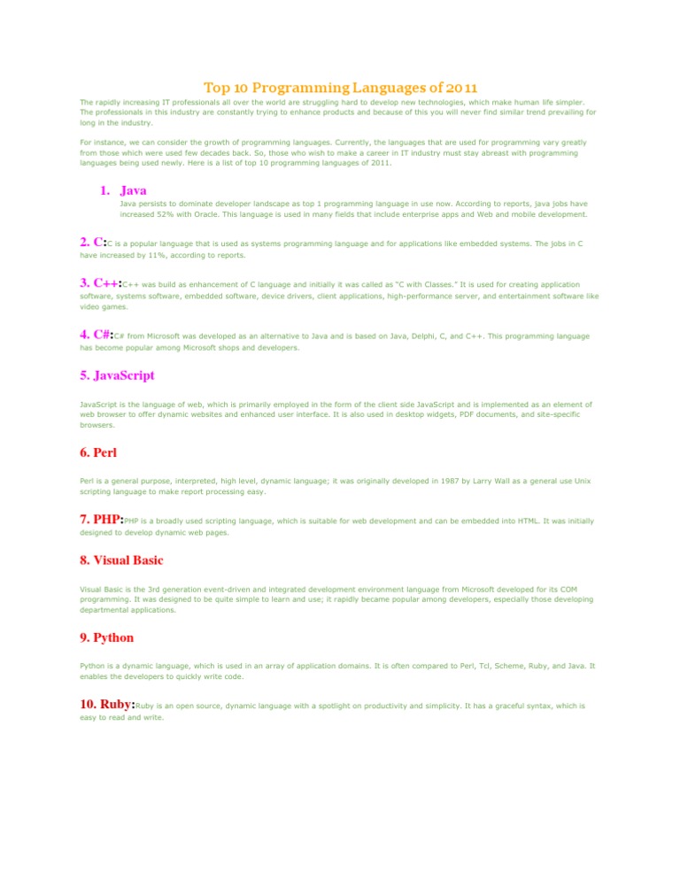 Top 10 Programming Languages of 2011 | PDF | Java Script | Scripting Language