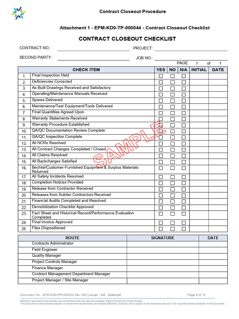 Contract Closeout Checklist | PDF