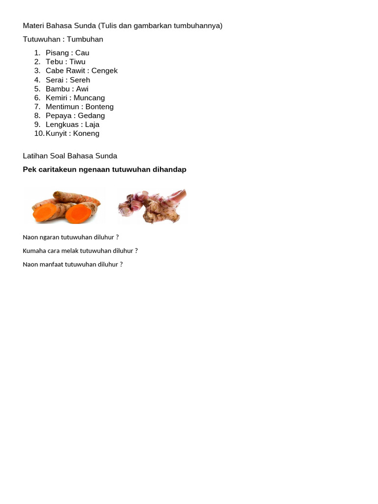 Bahasa Sunda (Materi Dan Latihan Soal Tutuwuhan) | PDF