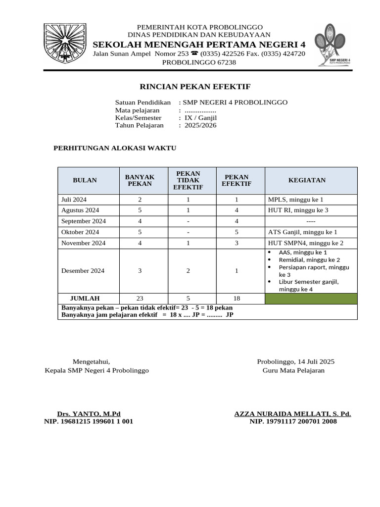 Rincian Pekan Efektif SMPN 4 Probolinggo | PDF
