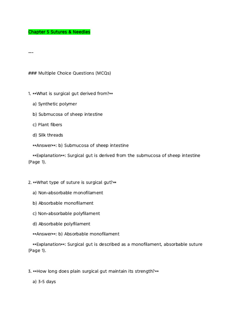 Sutures and Needles MCQs Guide | PDF | Surgical Suture | Medical ...