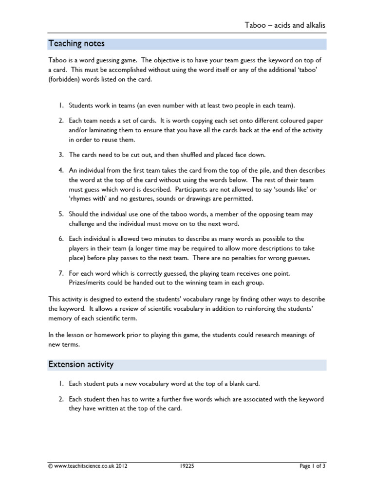 Acid Alkali Taboo Game For Middle School | PDF | Acid | Chemical Substances