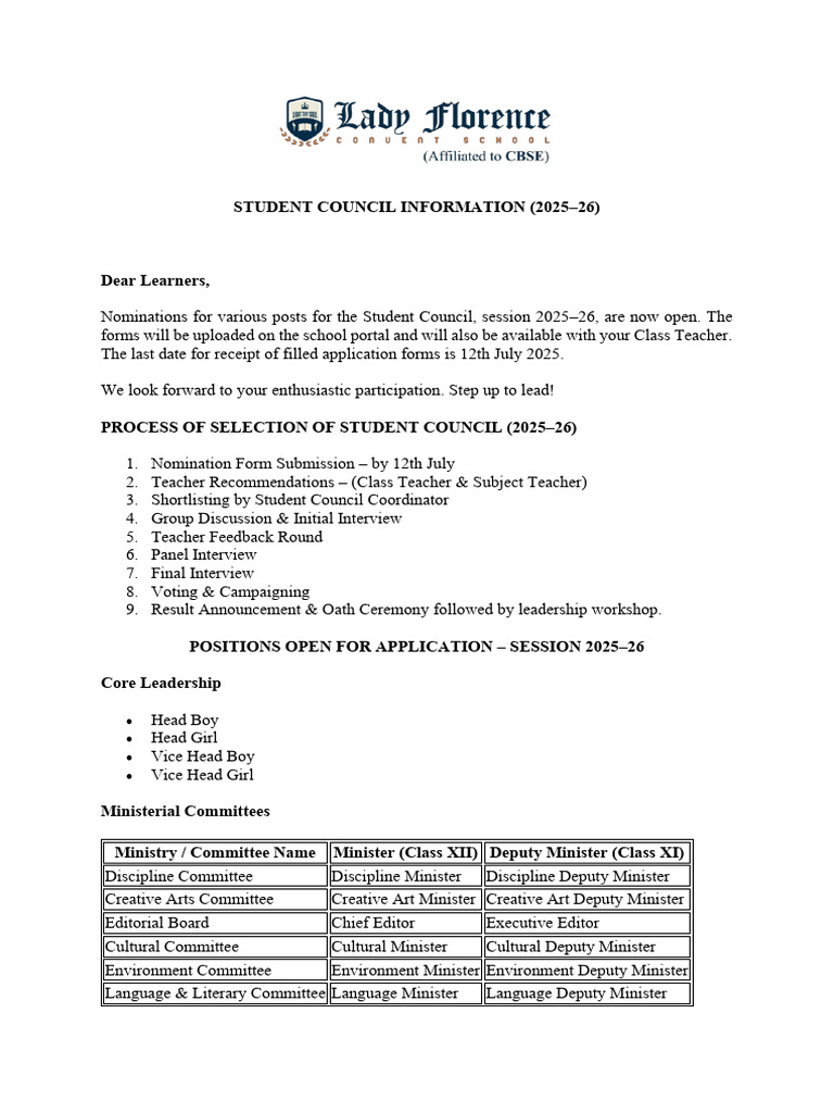 Student Council Nominations 2025-26 | PDF | Leadership