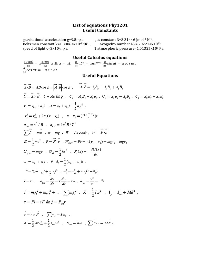 Equations For PHY1201 Exam-V2021 | PDF | Electromagnetic Spectrum | Mathematical Physics