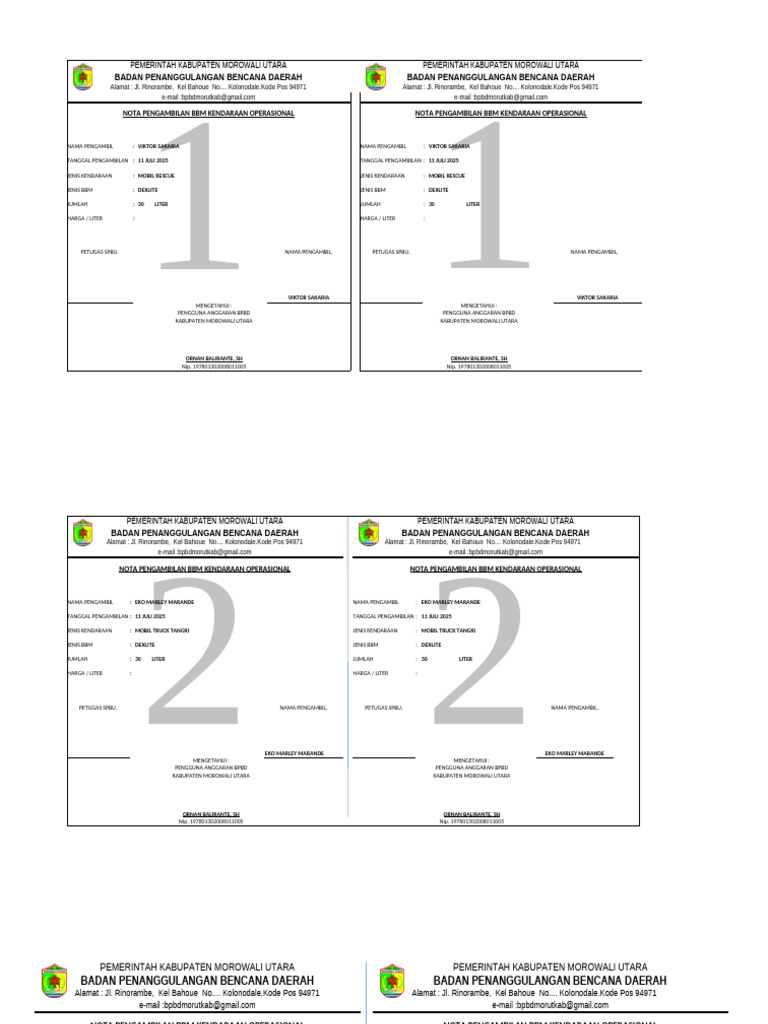 Nota Pengambilan BBM BPBD Morowali | PDF