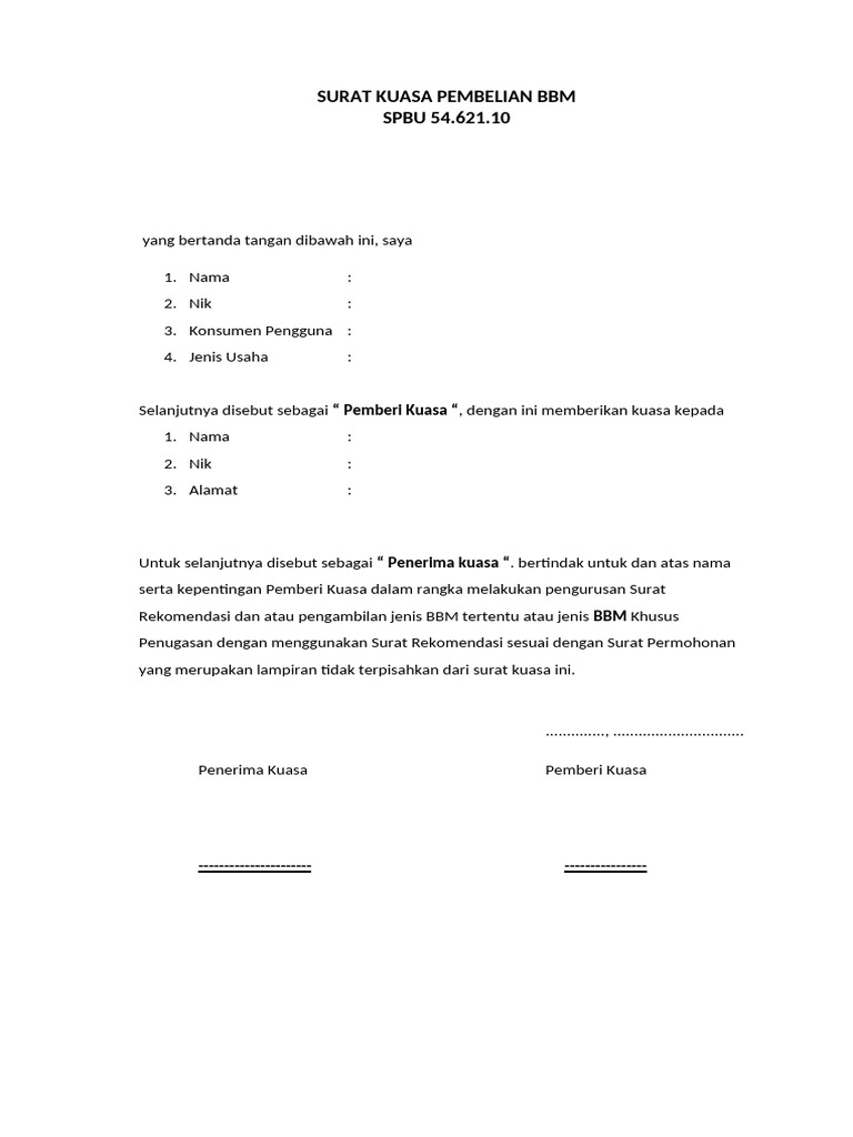 Surat Kuasa Pembelian BBM | PDF
