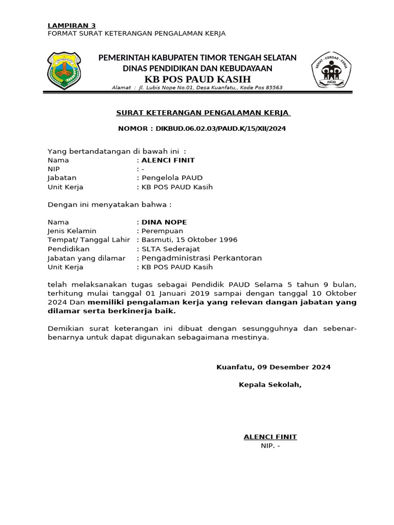 Contoh Surat Keterangan Pengalaman Kerja | PDF