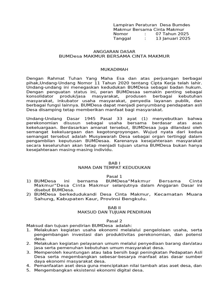 Anggaran Dasar (Ad) Bumdes CM 2025 | PDF