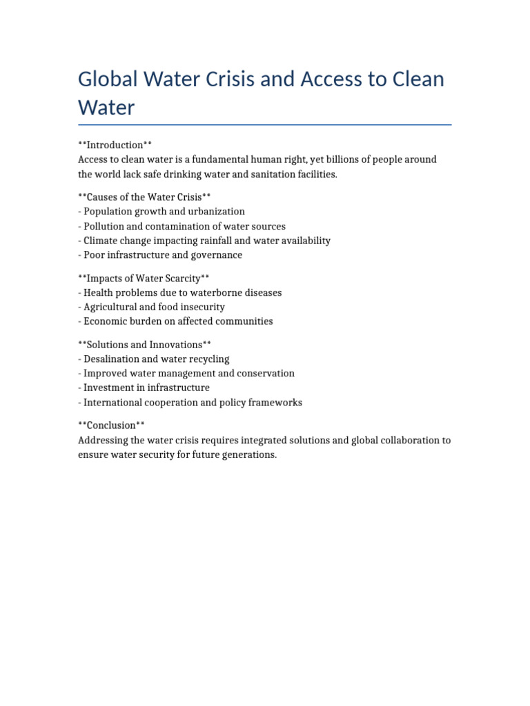 Global Water Crisis and Access To Clean Water | PDF