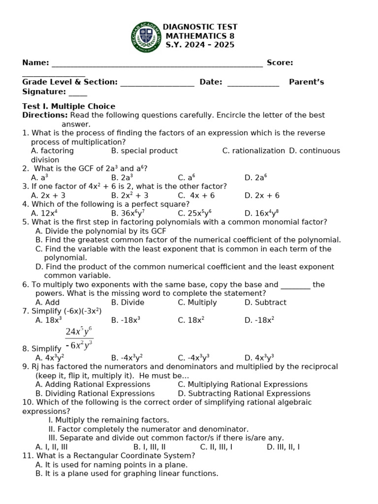 Diagnostic Test in Math 8 | PDF | Cartesian Coordinate System | Polynomial