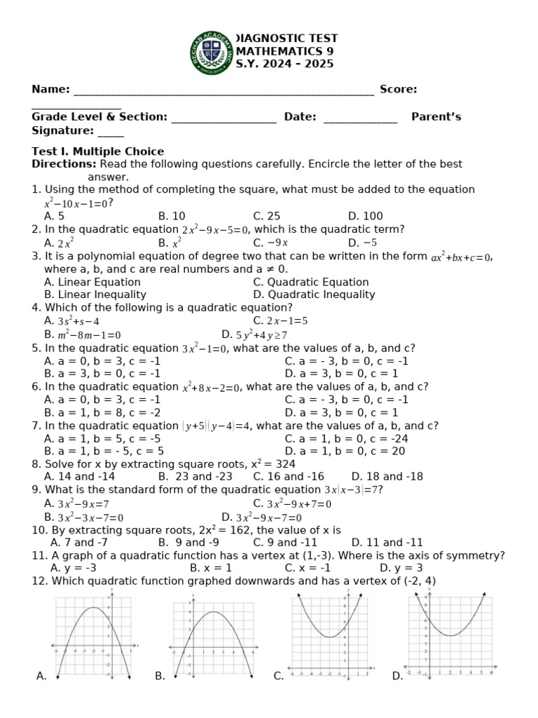 Diagnostic Test in Math 9 | PDF | Exponentiation | Quadratic Equation