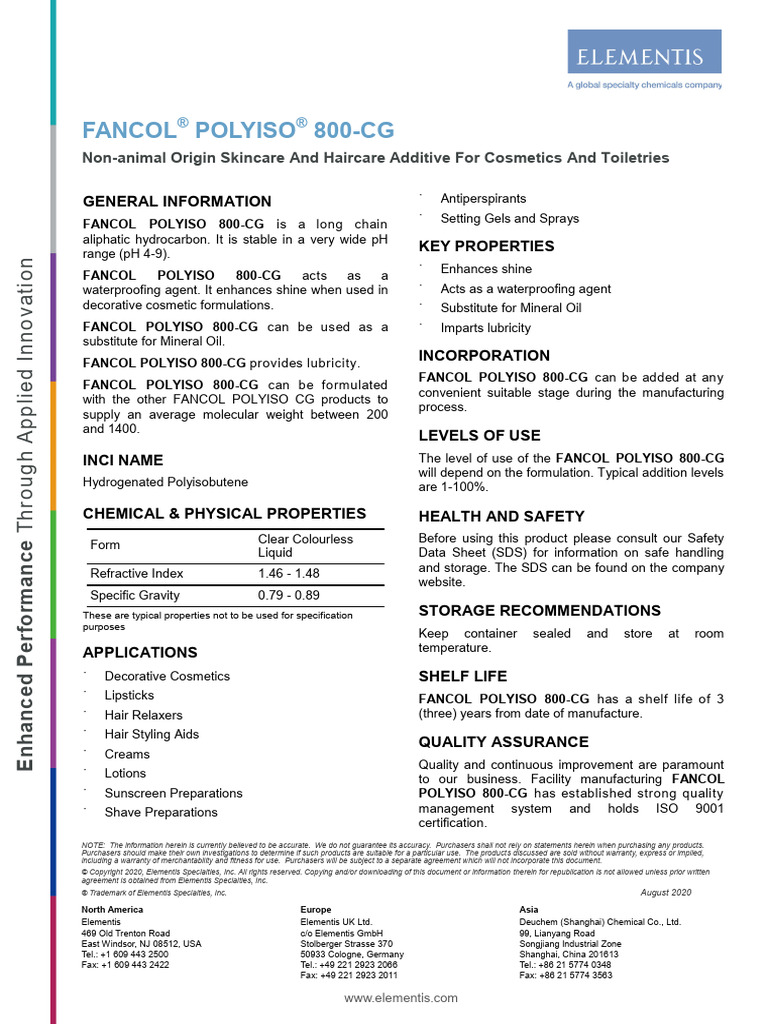 Tds Fancol Polyiso 800 Cg | PDF | Cosmetics | Oil