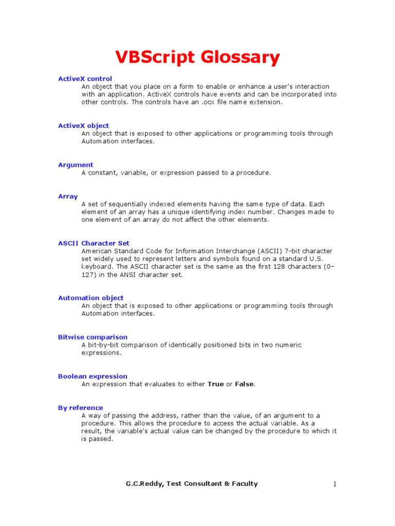 Vbscript Glossary Activex Control Pdf Variable Computer Science Subroutine