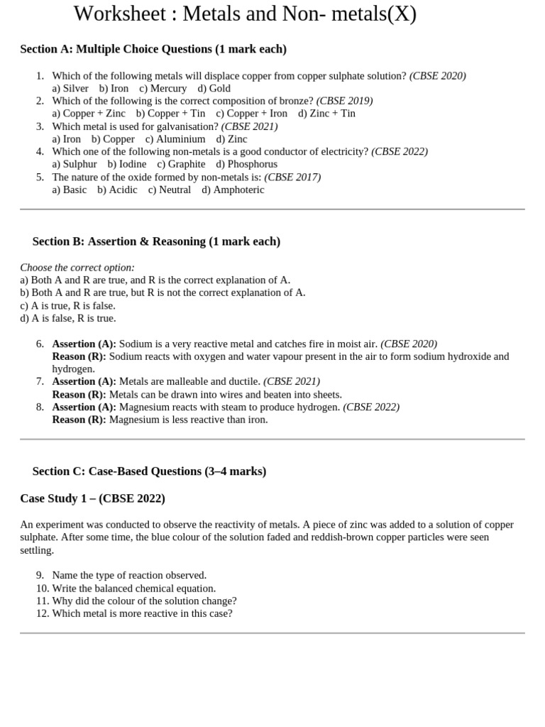 Metals and Non-Metals Worksheet Class 10 | PDF | Metals | Copper