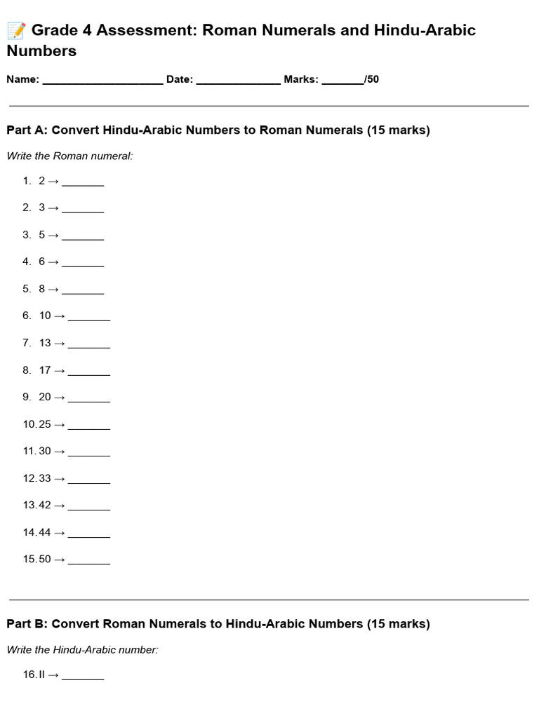 Roman Numerals Worksheet for Grade 4 | PDF