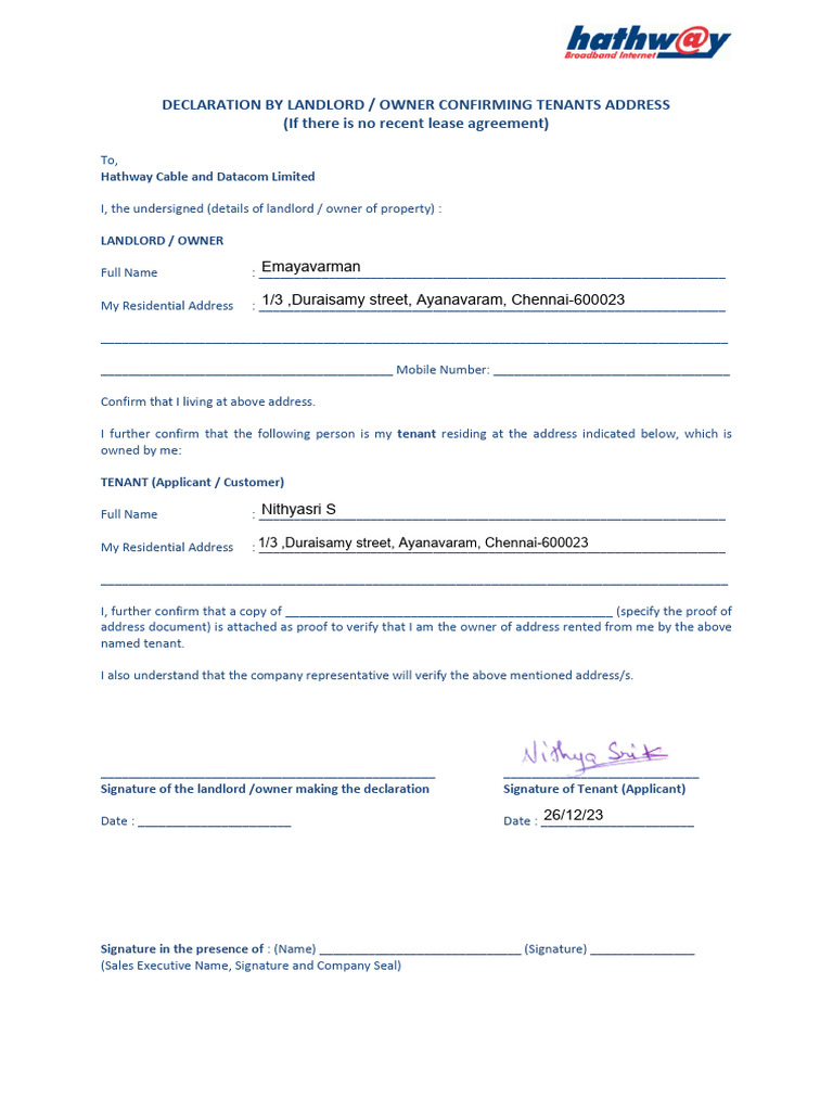 Declaration by Landlord Shifting | PDF