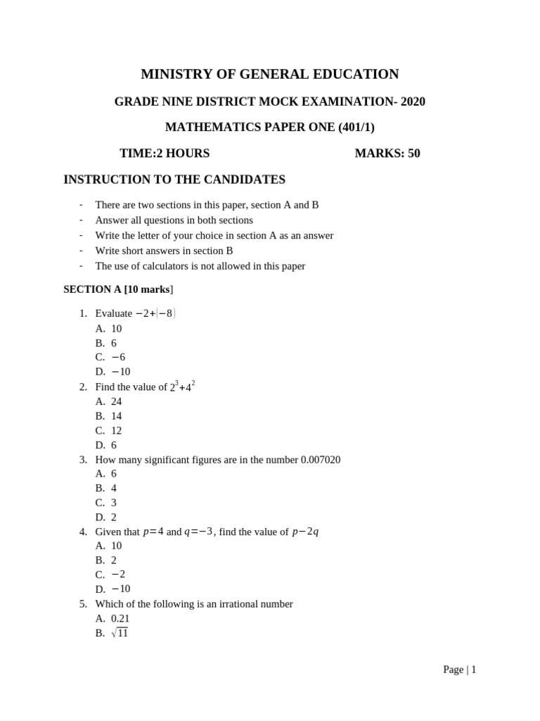G9 Mathematics Papaer 1 Question Paper | PDF | Mathematics