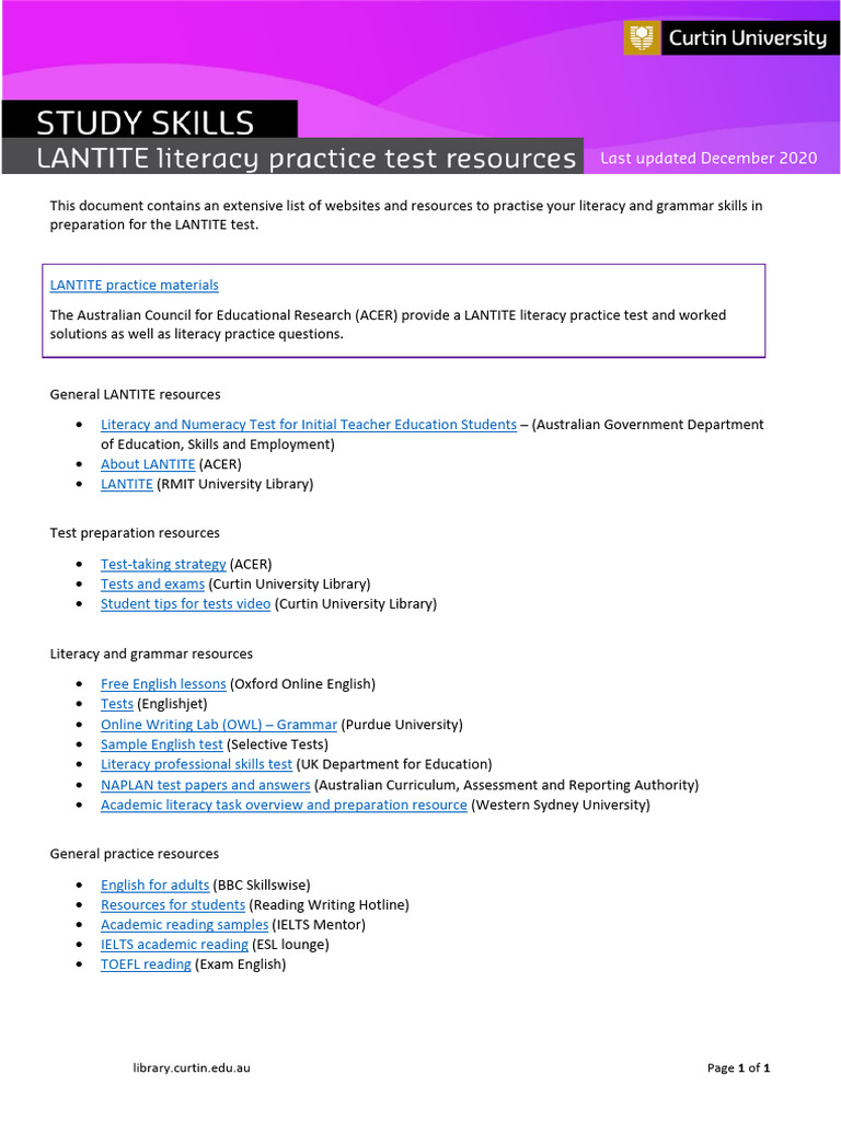 LANTITE Literacy Practice Test Resources 49069147 | PDF