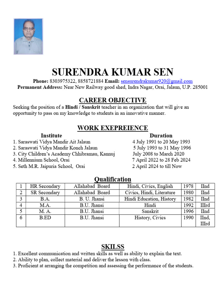 Surendra Resume Hindi Sanskrit | PDF