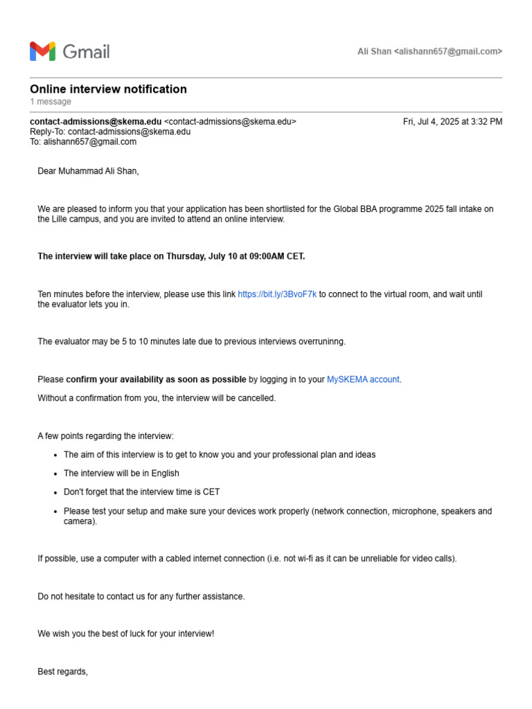 SKEMA Global BBA Interview Invitation | PDF