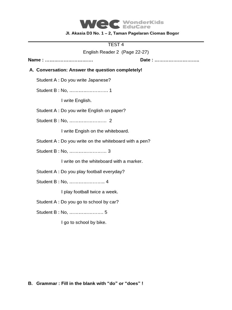 English Reader 2: Conversation & Grammar Exercises | PDF