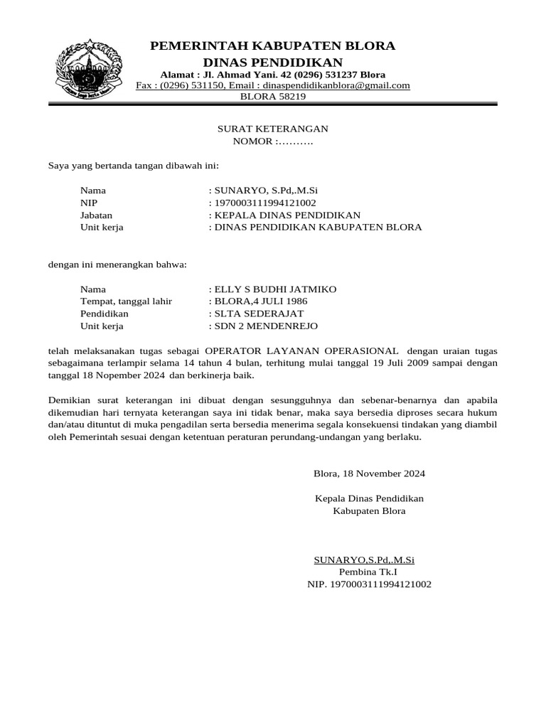 Format Surat Keterangan Pengalaman Kerja PPPK Tahun 2024 (1) Ellys | PDF