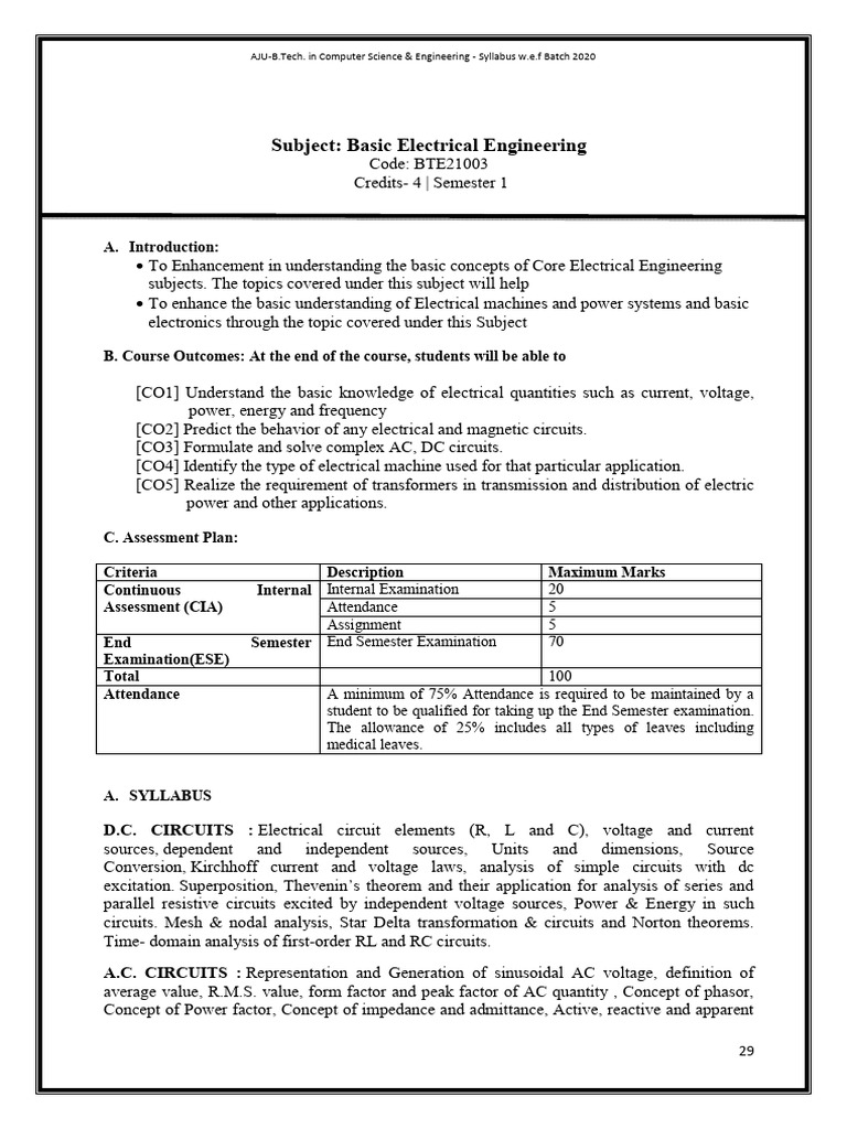 Syllabus of Basic Electrical Engineering | PDF | Transformer | Electrical Network