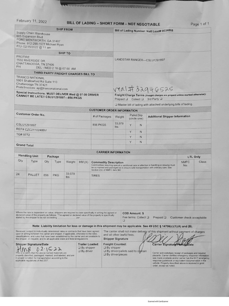 BILL OF LADING John Landstar Port Wentworth, GA To Chattanooga | PDF