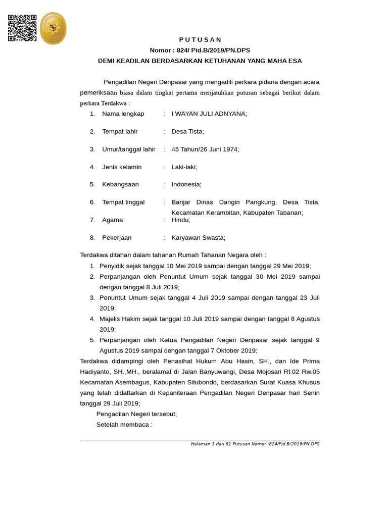 Putusan Pidana I Wayan Juli Adnyana | PDF