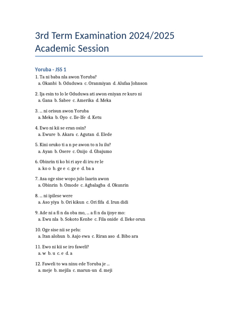 Yoruba JSS1 Exam Complete | PDF