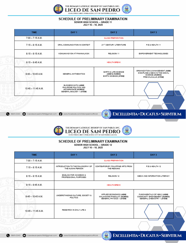 SHS Preliminary Exam Schedule 2025 | PDF | Science, Technology ...