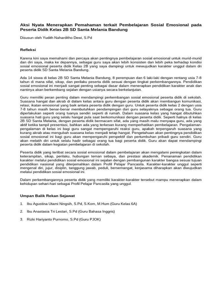 Aksi Nyata Menerapkan Pemahaman Terkait Pembelajaran Sosial Emosional Pada Peserta Didik Kelas ...