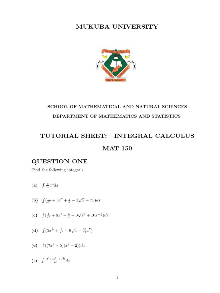 Tutorial Sheet (Integral Calculus) | PDF | Mathematical Analysis | Calculus