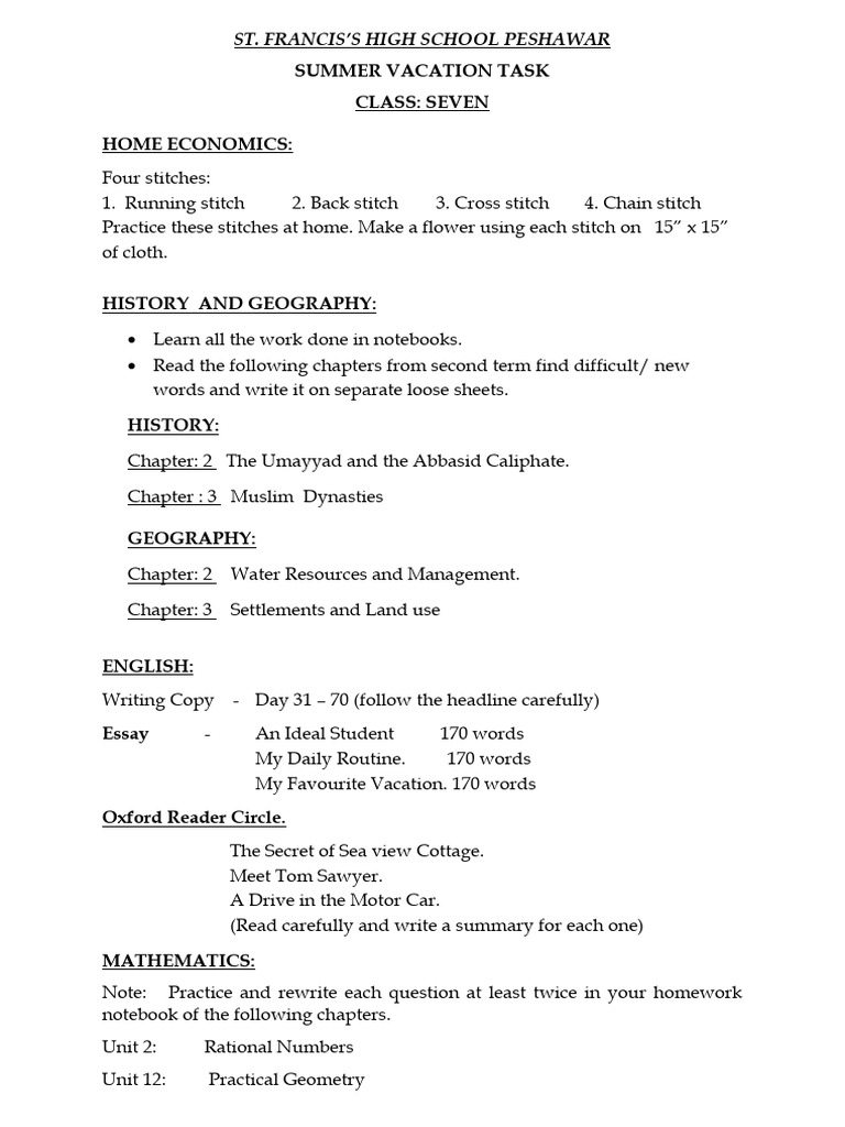 Summer Vacation Task For Class 7 | PDF | Science