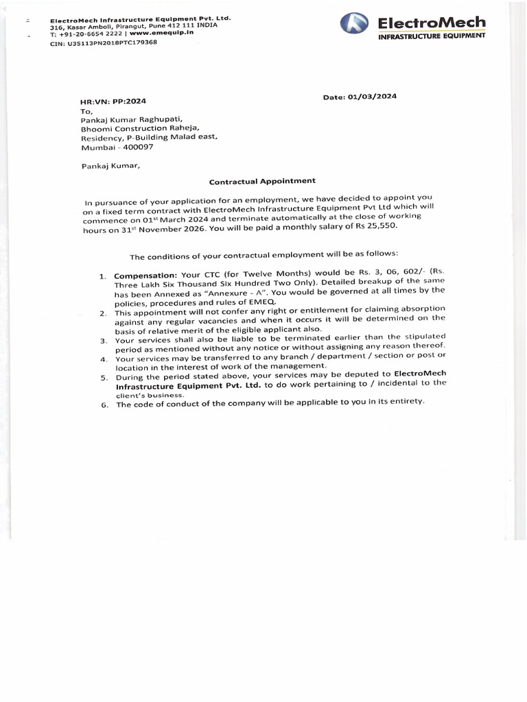 Appointment Letter - Pankaj Kumar | PDF