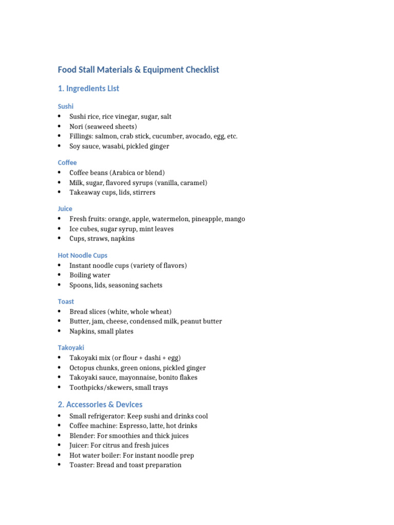 Food Stall Equipment & Materials Guide | PDF