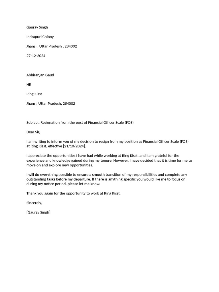 Gaurav Singh Resignation Letter FOS | PDF