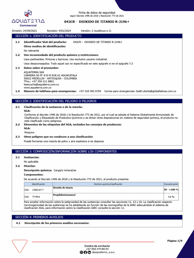 Ficha de Datos de Seguridad de 042CR - DIOXIDO DE TITANIO R-2196+ | PDF | Gestión de residuos ...