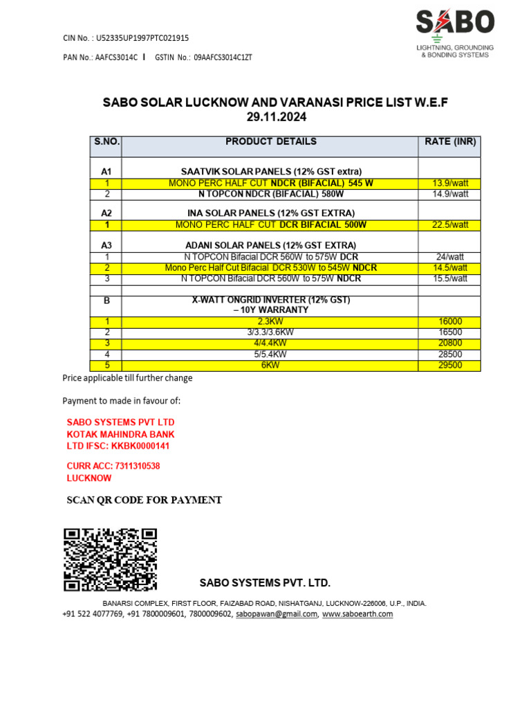 Sabo Solar and Xwatt Inverter November Price List | PDF
