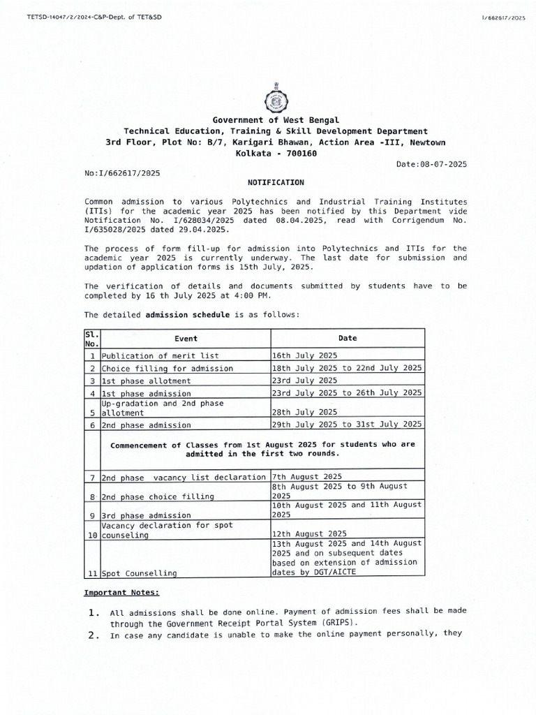 Admission Schedule - ITI & Polytechnic - AY 2025 - 0001 | PDF
