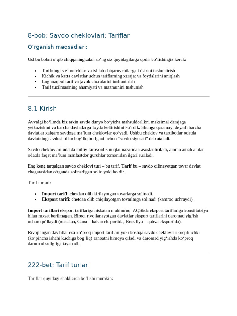 8-Bob: Savdo Cheklovlari: Tariflar: O Rganish Maqsadlari | PDF