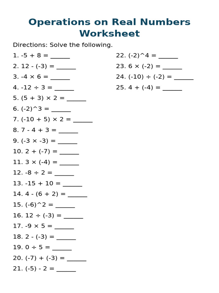 Operations on Real Numbers Worksheet | PDF
