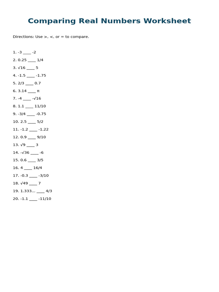 Comparing Real Numbers Worksheet | PDF