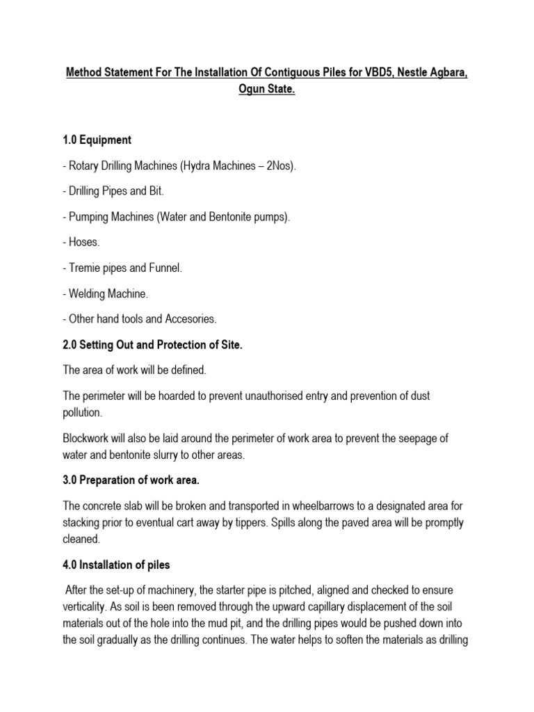 Method Statement For Installation of Contiguous Pile Vbd5 | PDF