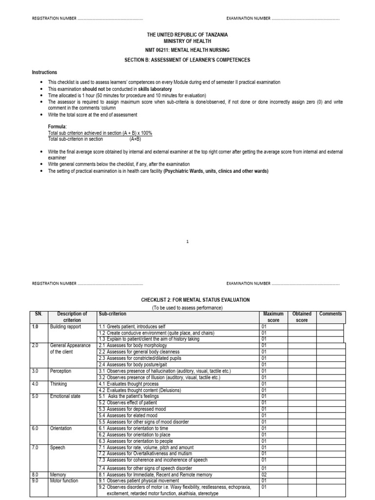 Checklist 2 - Mental Status Evaluation | PDF | Cognition | Neuroscience