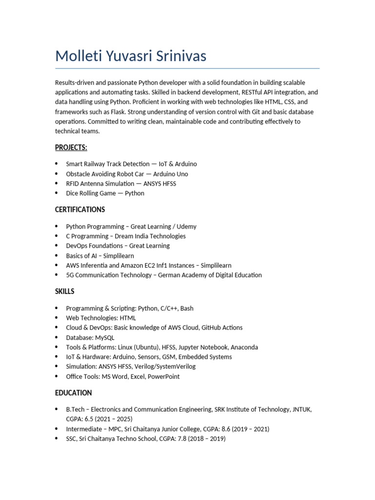 Resume Molleti Yuvasri Srinivas | PDF